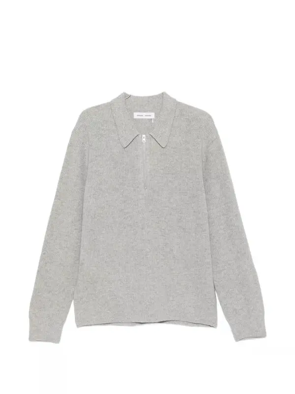 SAMSOE SAMSOE Ribbed-knit Quarter-zip Polo Shirt - Grey