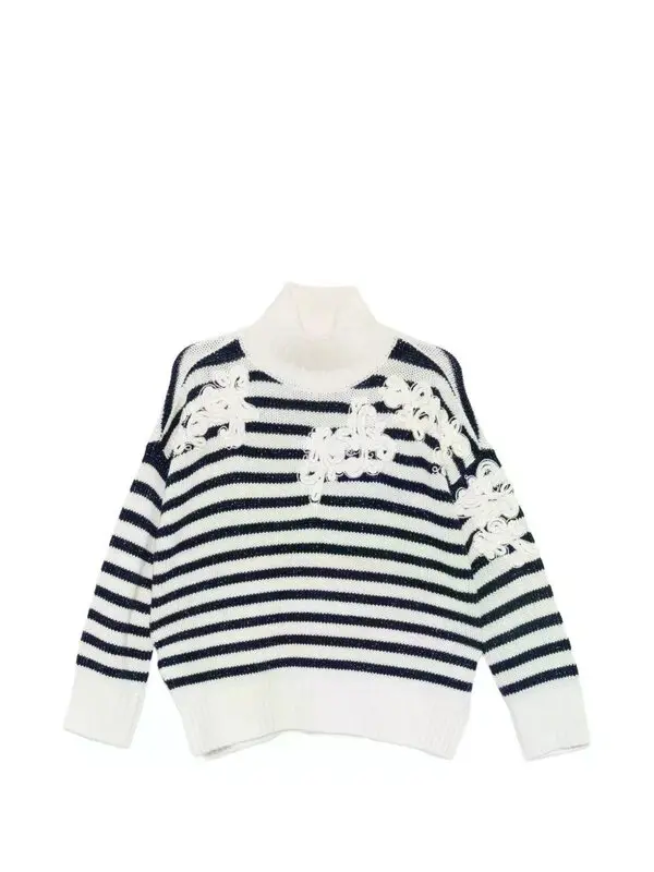 ERMANNO FIRENZE Striped Floral Appliqué Mock Neck Sweater - Neutrals