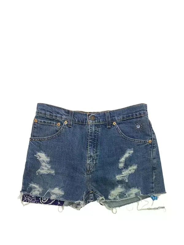 HTC LOS ANGELES Distressed Bandana-insert Denim Shorts - Blue