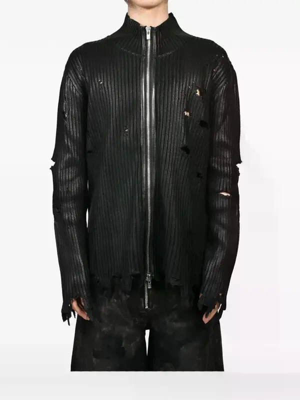 FILTH Waxed Distressed-knit Cardigan