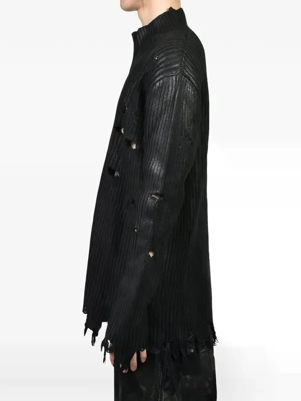 FILTH Waxed Distressed-knit Cardigan