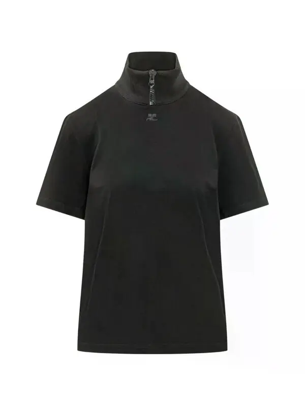 COURREGES Ribbed-collar Zip-up T-shirt - Black