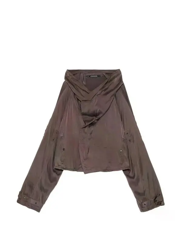 JULIUS Asymmetrical High Neck Draped Jacket - Brown