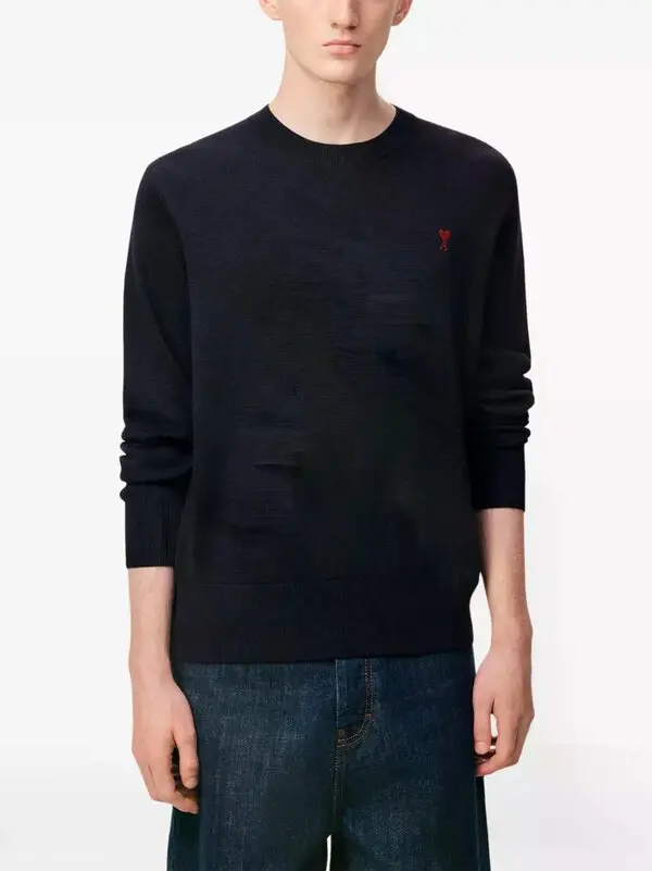AMI Paris De Coeur Embroidered Merino Wool Sweater - Blue