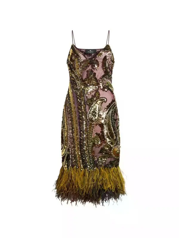 Etro Dress With Sequins And Feather Details - Gold