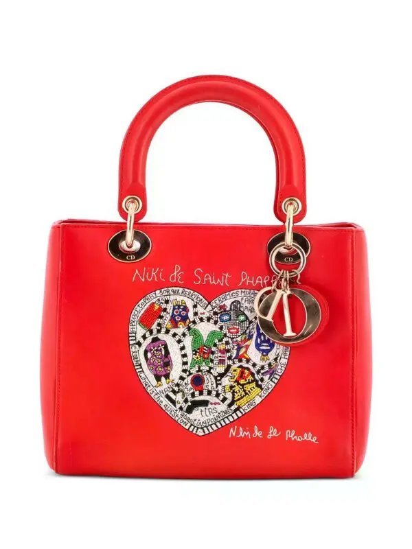 Dior Lady Limited Edition Niki De Saint Phalle Embroidered Leather Satchel - Red