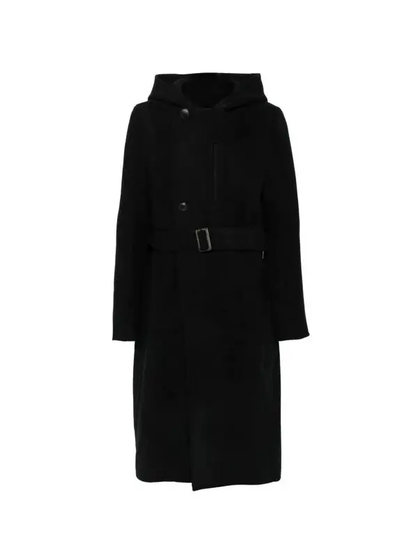 Rick Owens Belted Hooded Single Breasted Coat - Black