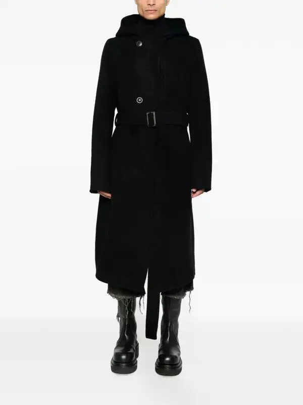 Rick Owens Belted Hooded Single Breasted Coat