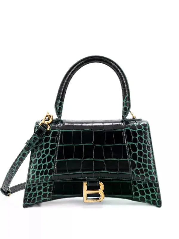 Balenciaga Hourglass Top Handle Bag Crocodile Embossed Leather Small Crossbody Bag - Black