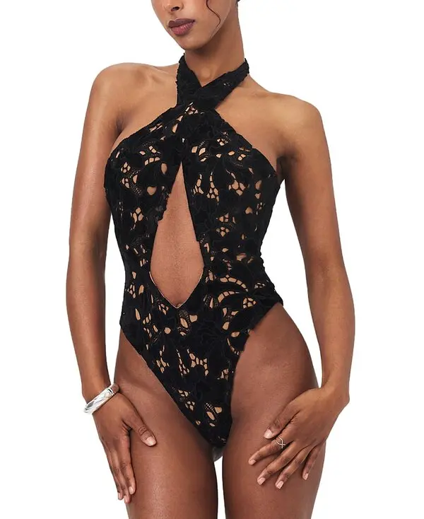 MISS CIRCLE NEW YORK Breanna Velvet Lace Crossover Halter Swimsuit