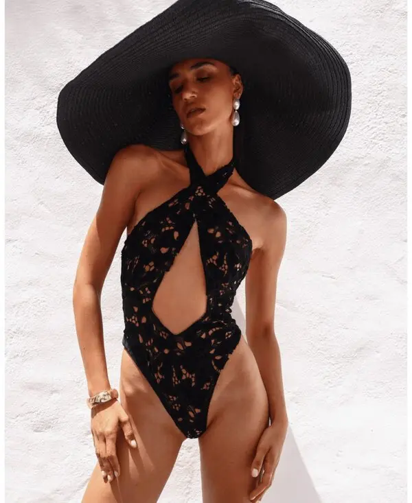 MISS CIRCLE NEW YORK Breanna Velvet Lace Crossover Halter Swimsuit