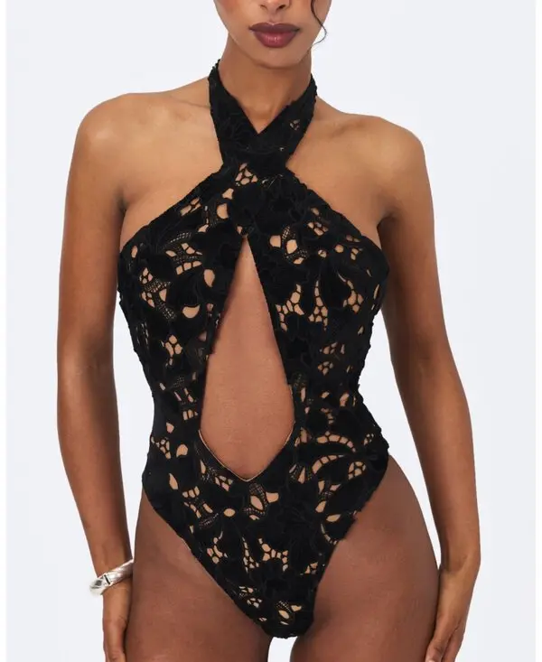 MISS CIRCLE NEW YORK Breanna Velvet Lace Crossover Halter Swimsuit