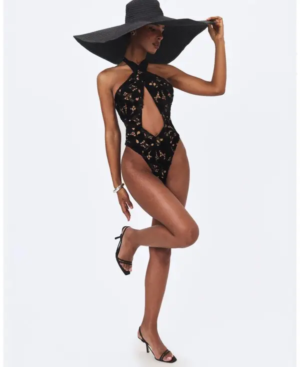 MISS CIRCLE NEW YORK Breanna Velvet Lace Crossover Halter Swimsuit
