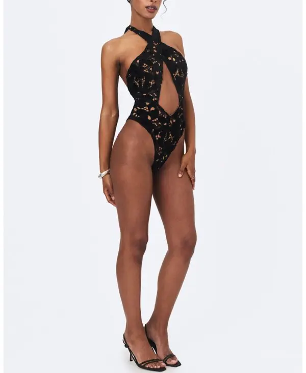 MISS CIRCLE NEW YORK Breanna Velvet Lace Crossover Halter Swimsuit