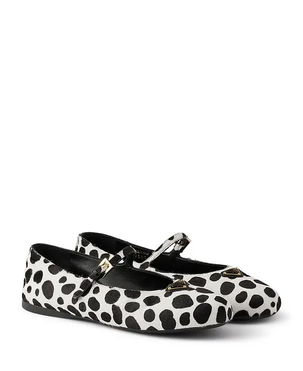 Prada Printed Leather Ballerinas With Double Strap And Metal Logo - White