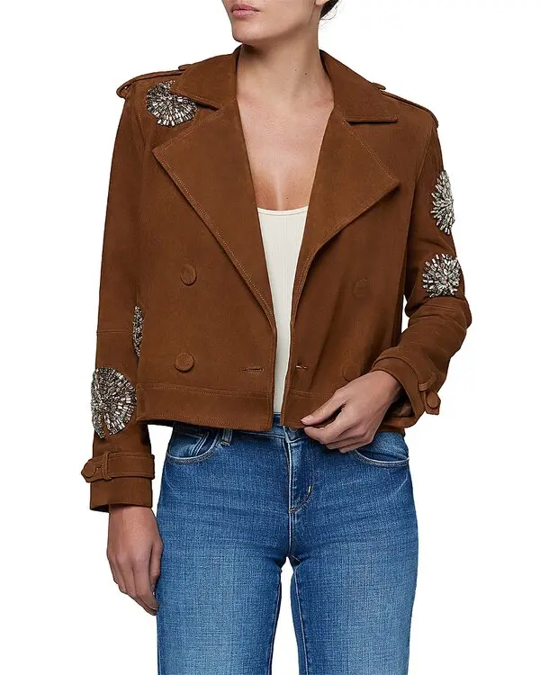 L'Agence Xoey Suede Crystal Trim Cropped Trench Coat - Walnut