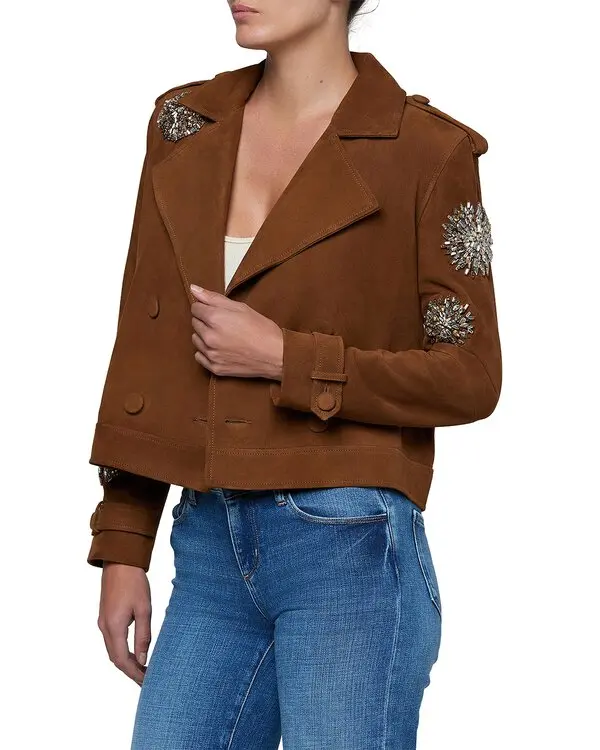 L'Agence Xoey Suede Crystal Trim Cropped Trench Coat