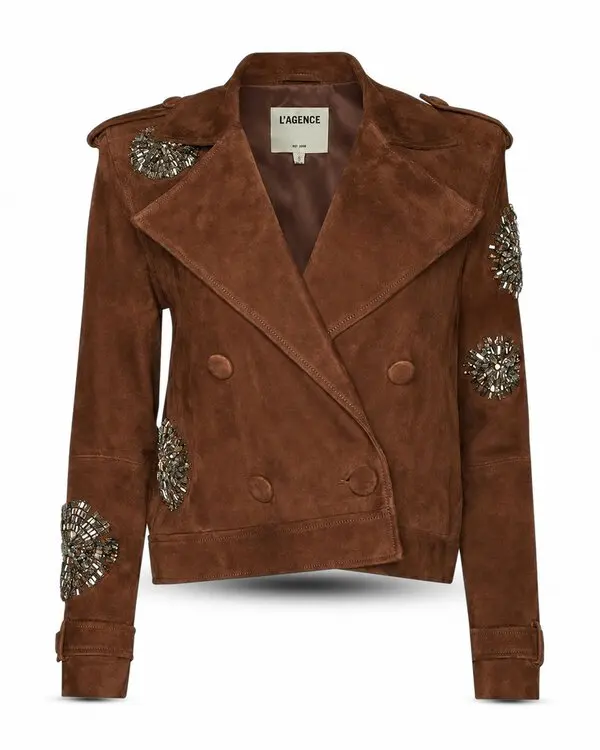 L'Agence Xoey Suede Crystal Trim Cropped Trench Coat