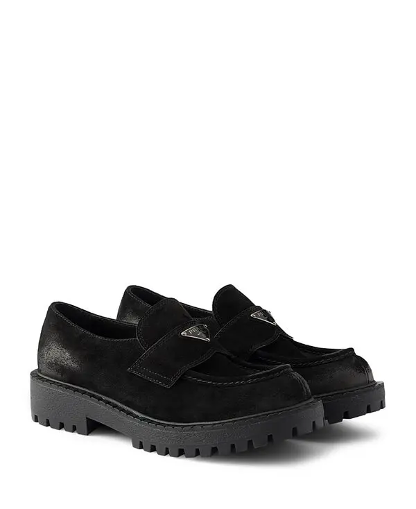 Prada Aged Suede Loafers - Black