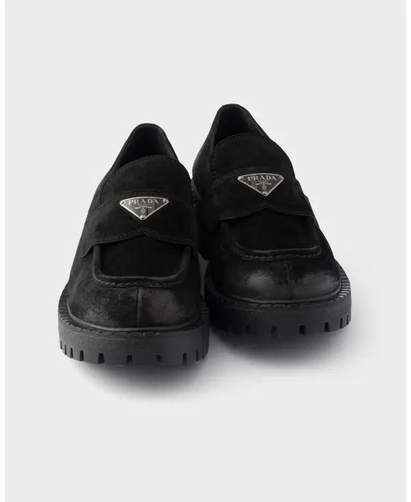Prada Aged Suede Loafers - Black