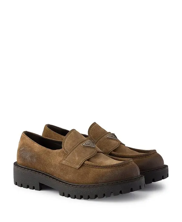 Prada Aged Suede Loafers - Light Brown