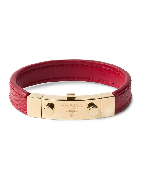 Prada Saffiano Leather Bracelet With Engraved Logo Clasp - Fiery Red