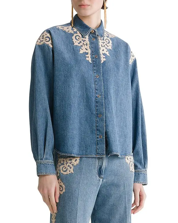 FORTE_FORTE Indigo Twill Embroidered Boxy Denim Shirt - Celeste