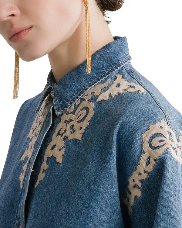 FORTE_FORTE Indigo Twill Embroidered Boxy Denim Shirt - Celeste