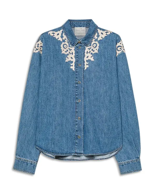 FORTE_FORTE Indigo Twill Embroidered Boxy Denim Shirt - Celeste