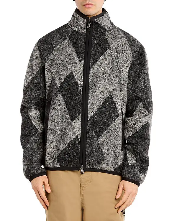 Moncler Diamond Pattern Wool Blend Zip Up Cardigan - Checkered Grey