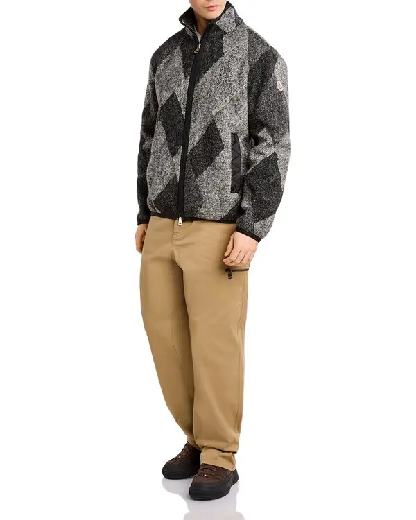Moncler Diamond Pattern Wool Blend Zip Up Cardigan