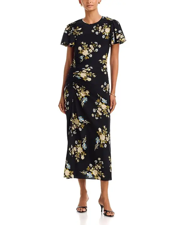 Veronica Beard Huntleigh Floral Ruched Midi Dress - Black Multi