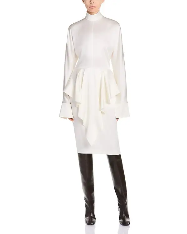 Stella McCartney High Neck Ruffle Drape Satin Midi Dress - Cream
