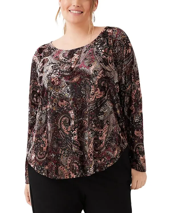 Karen Kane Plus Long Sleeve Velvet Burnout Shirttail Top - Print