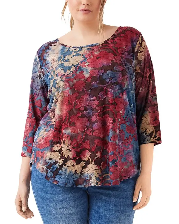 Karen Kane Plus Tie Dyed Burnout Shirttail Top - Wine