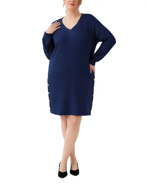 Karen Kane Plus Long Sleeve Button Detail Dress - Blue