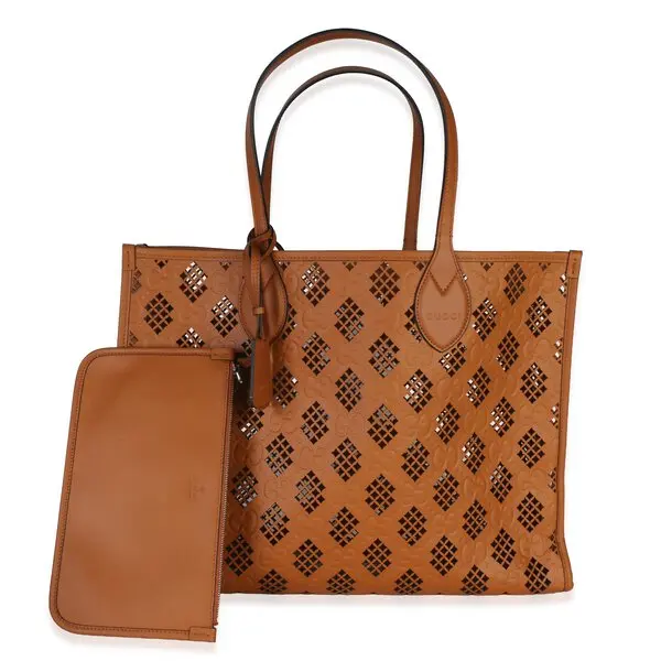 Gucci Gg Debossed Calfskin Diamond Cutout Tote - Brown