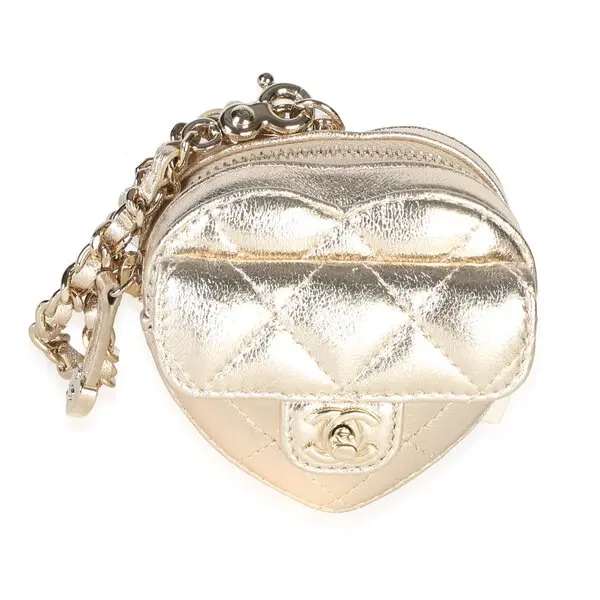 Chanel Metallic Quilted Lambskin Cc In Love Heart Bag Charm - Gold
