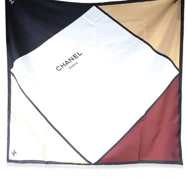 Chanel Ecru Beige Burgundy Black Silk Square Scarf - Multicolor