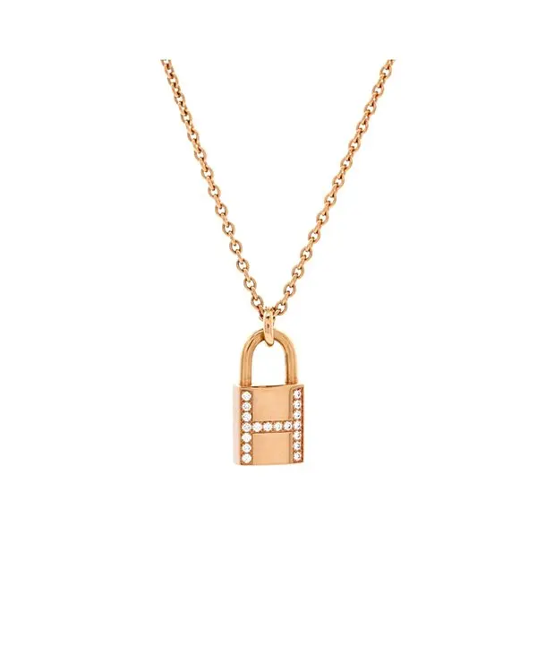 Hermès Amulettes Cadenas Pendant Necklace 18k Rose Gold With Diamonds, 16 - Pink