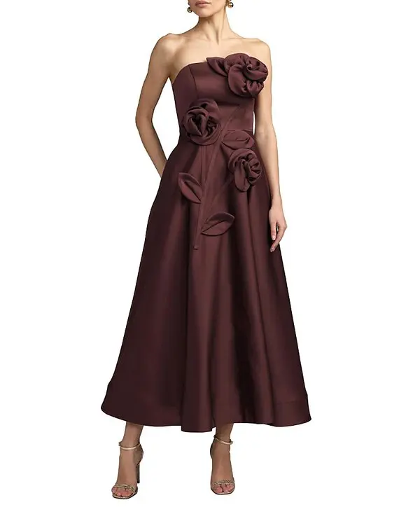 Mac Duggal Strapless Satin A-line Gown With 3d Floral Applique - Wine