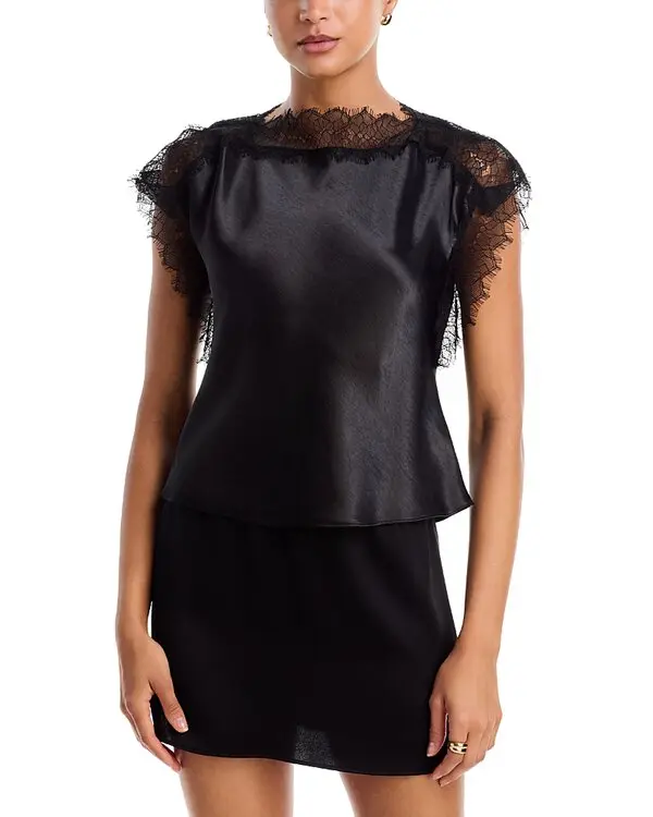 Aqua Lace Trim Satin Top - Black