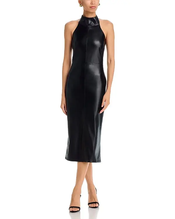 Aqua Faux Leather Halter Midi Dress Exclusive - Black