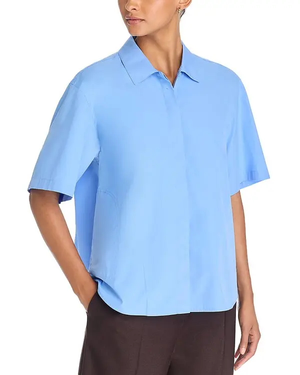 Lafayette 148 New York Cotton Short Sleeve Pleated Back Shirt - Blue Hydrangea
