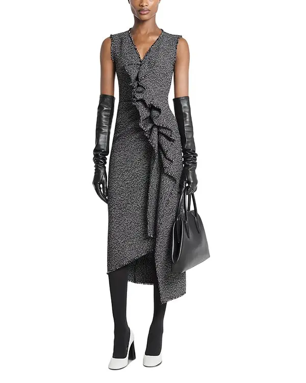 Michael Kors Tweed Frayed Ruched Sheath Dress - Black/ivory