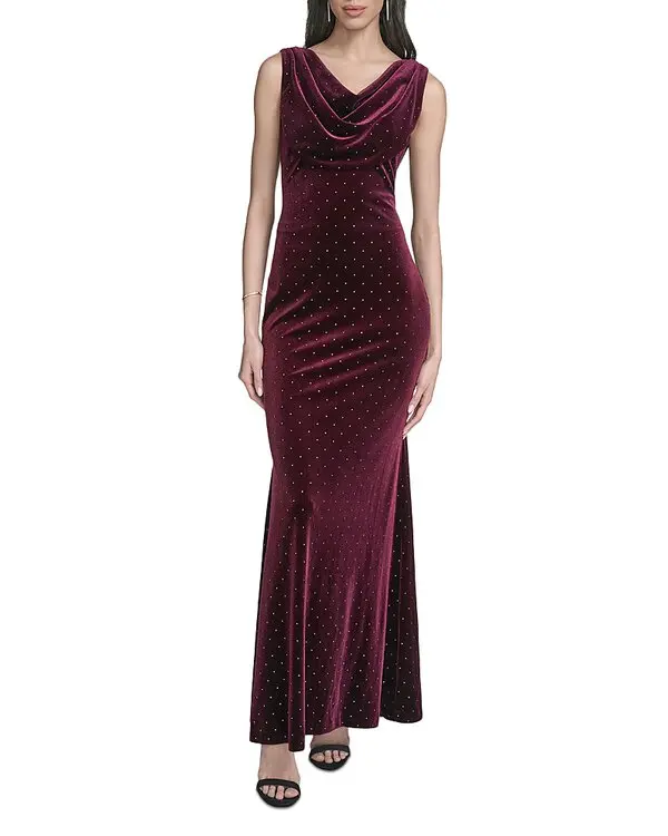Eliza J Velvet Embellished Drape Neck Gown - Wine