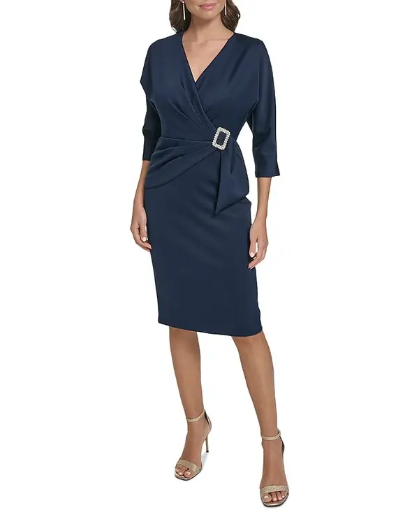 Eliza J Side Drape Three Quarter Sleeve Cocktail Dress - Navy