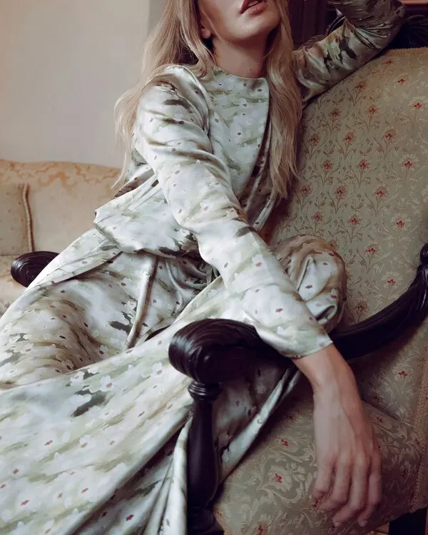 LIA COHEN Wholesome Floral Silk Long-sleeve Gown