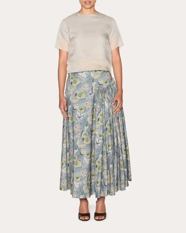 LIA COHEN Heritage Floral Smocked Midi Skirt - Blue