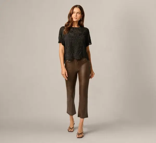 Adrianna Papell Short Sleeve Sheer Embroidered Lace Top - Black